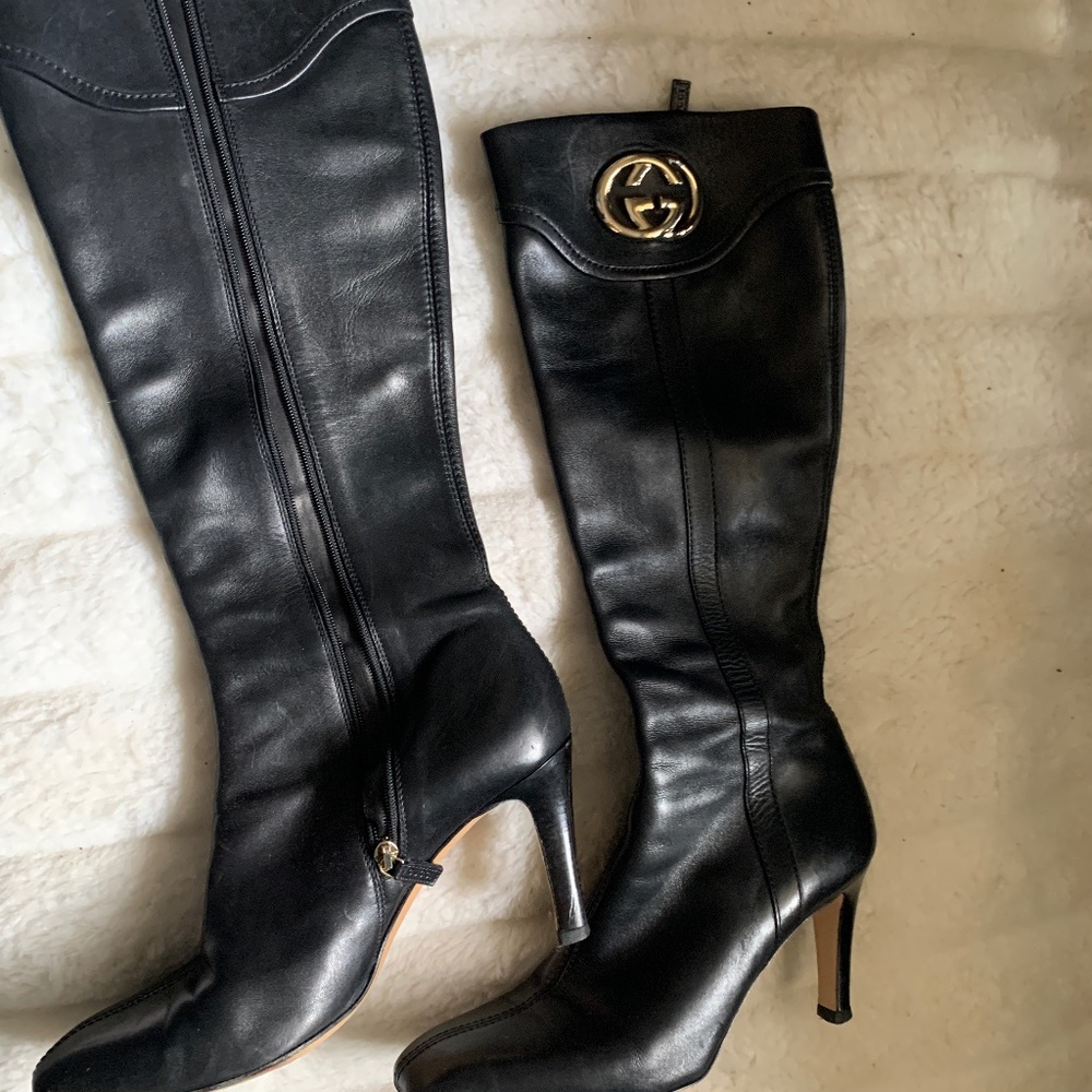 Gucci Boots Knee High Heels Gold Logo Side Zip Size 8… - Gem